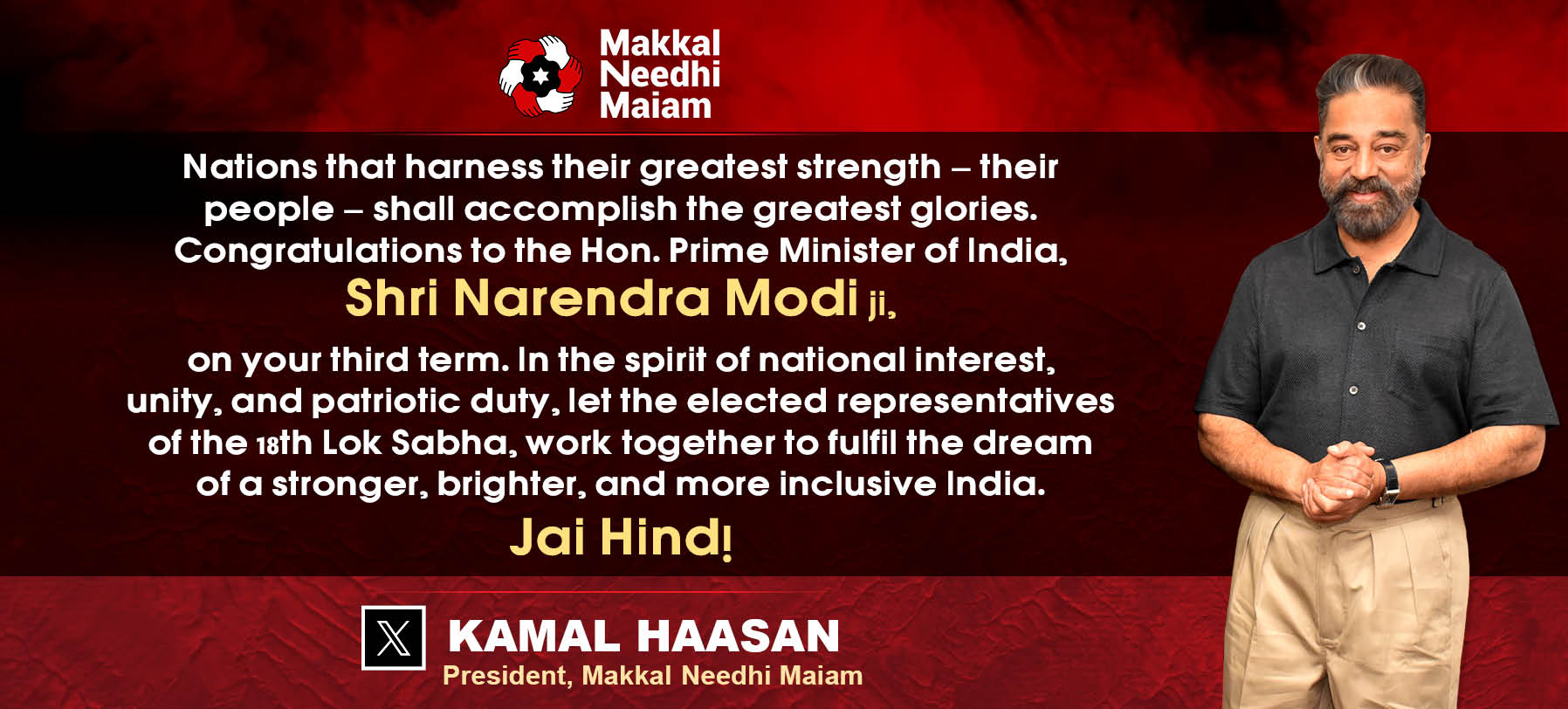 Congratulations to the Hon Prime Minister of India, Shri Narendra Modi